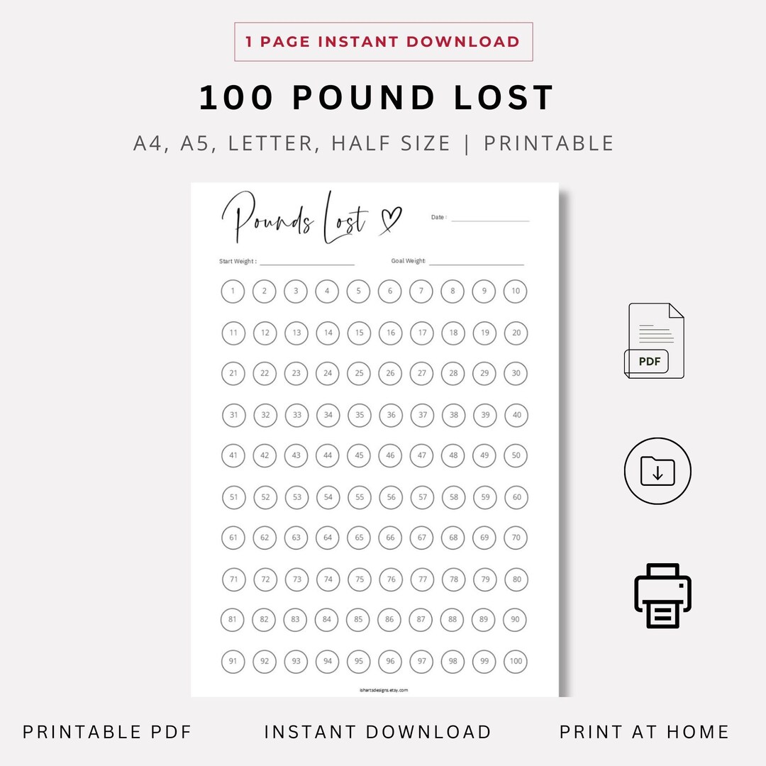 100 Pounds Lost Weight Tracker Printable (a4/a5/letter Sizes) (digital ...