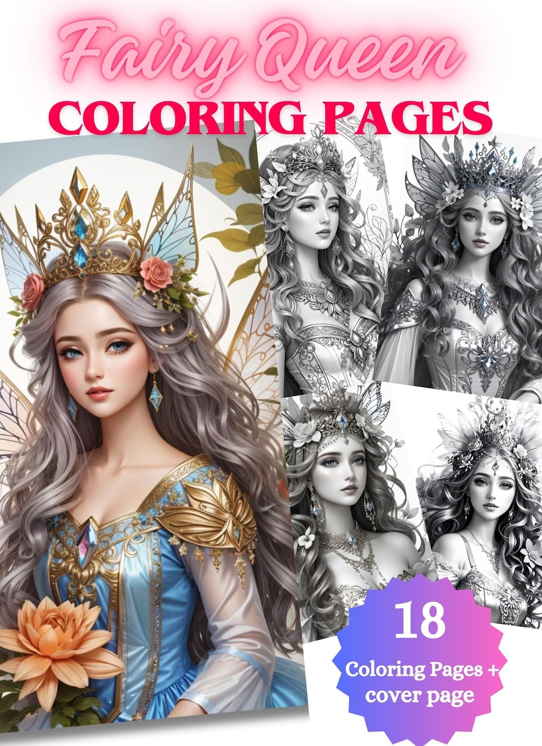 Fantasy Fairy Queen Anime Coloring Book, Adults + Kids Instant Download ...