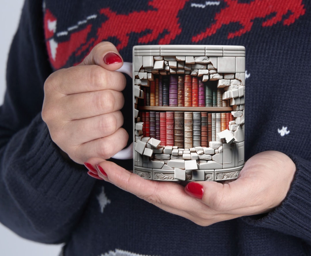 3D Book Mug Wrap, 3D Effect Realistic Books Mugs, Hidden Library With ...