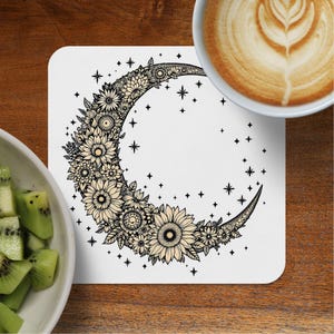 Moon and Floral Digital Art, Celestial Moon Flower Illustration, Boho ...