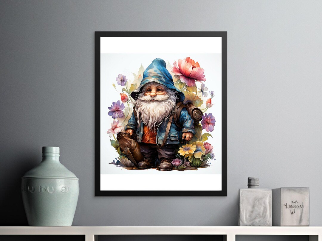 Watercolor Garden Gnome Art Print, Whimsical Floral Illustration, Cute ...