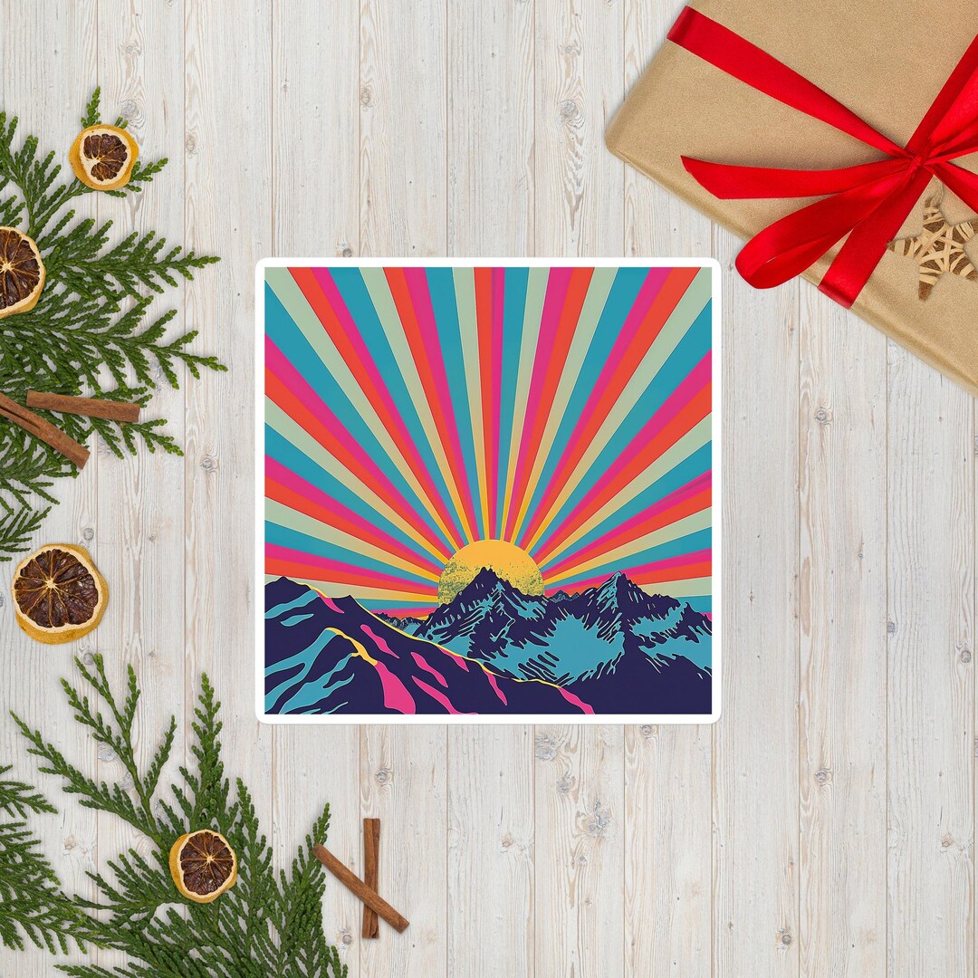 Colorful Mountain Sunburst Sticker, Vibrant Nature Art Decal, Bright ...