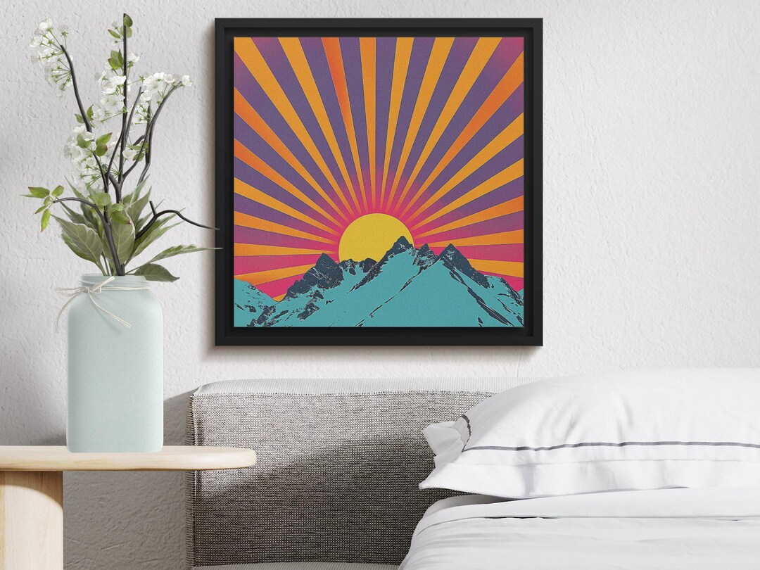 Retro 80s Sunset Mountain Art Print, Digital Download, Vibrant Sunrise ...