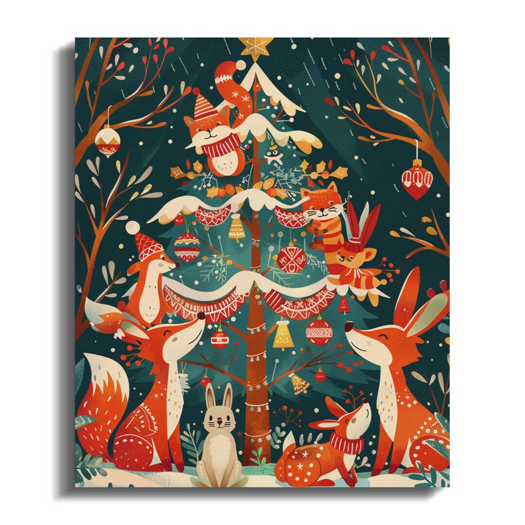Forest Christmas Animal Party Art Print, Cute Woodland Creatures Winter ...