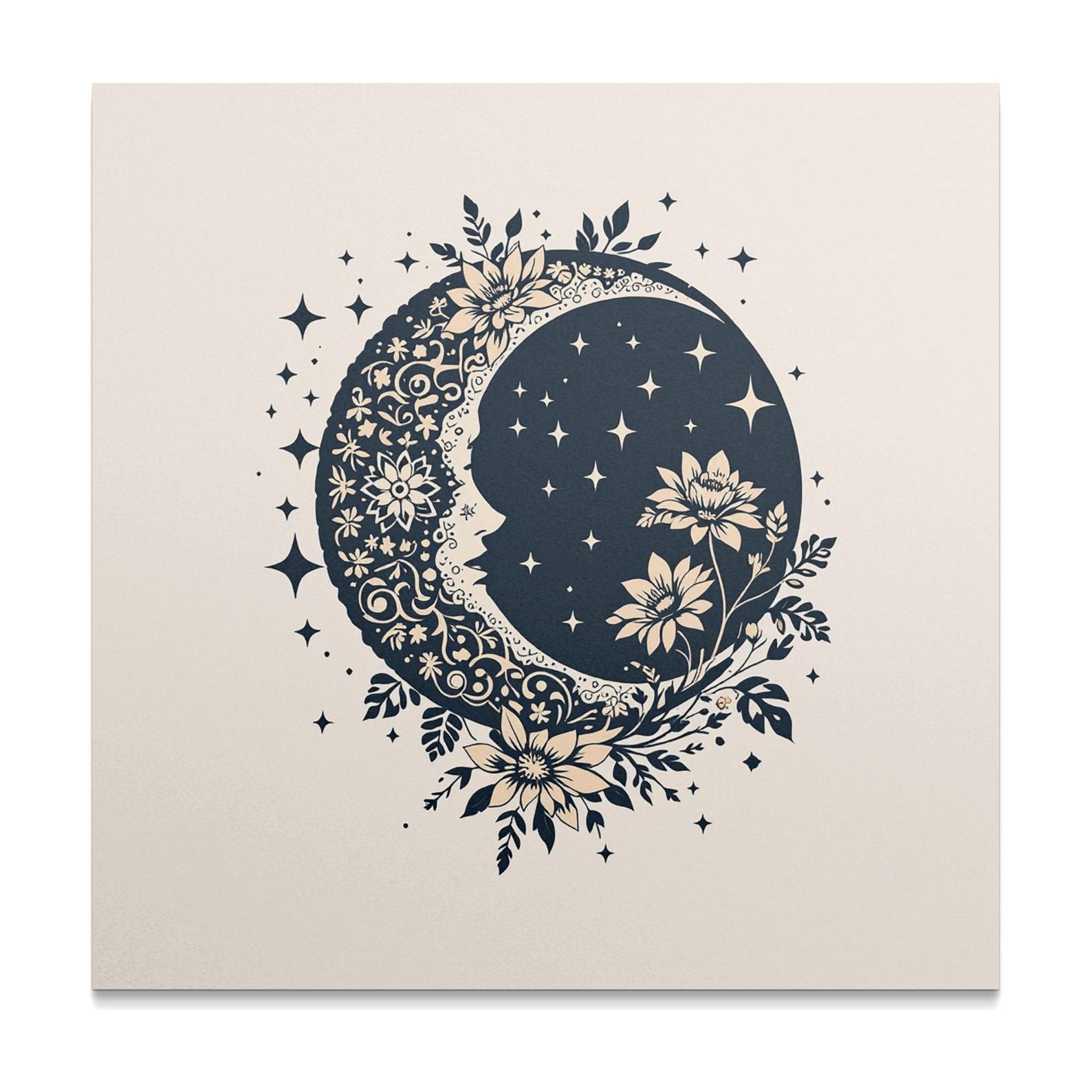 Boho Moon and Stars Floral Design, Celestial Night Wall Art, Moon Phase ...