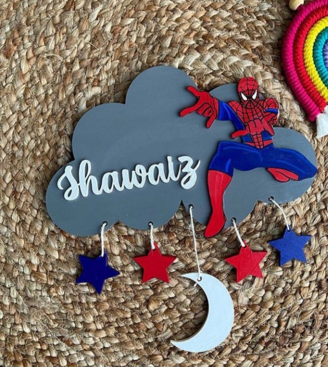 Hand-painted Customize Wooden Spiderman Theme Kid's Nameplate Hanging ...