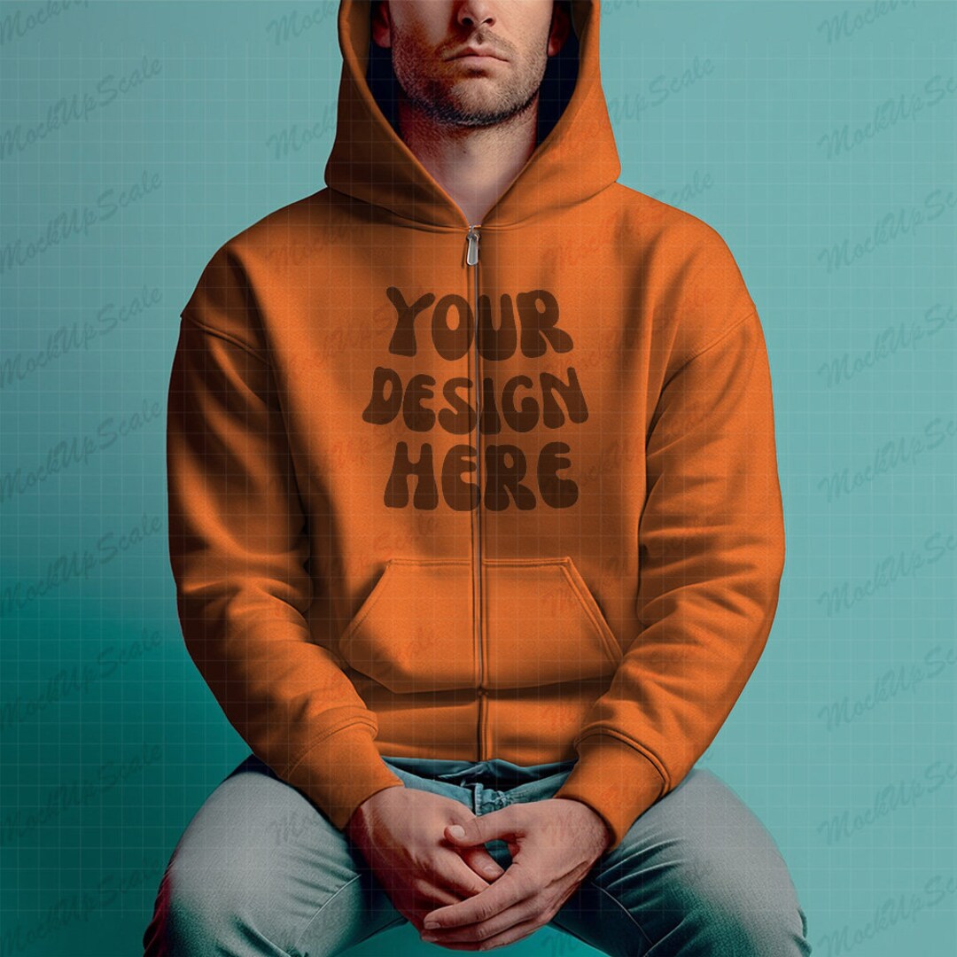 Male Orange Zip Hoodie Mockup | Gildan 18600 Mockups | G186 Orange Zip ...