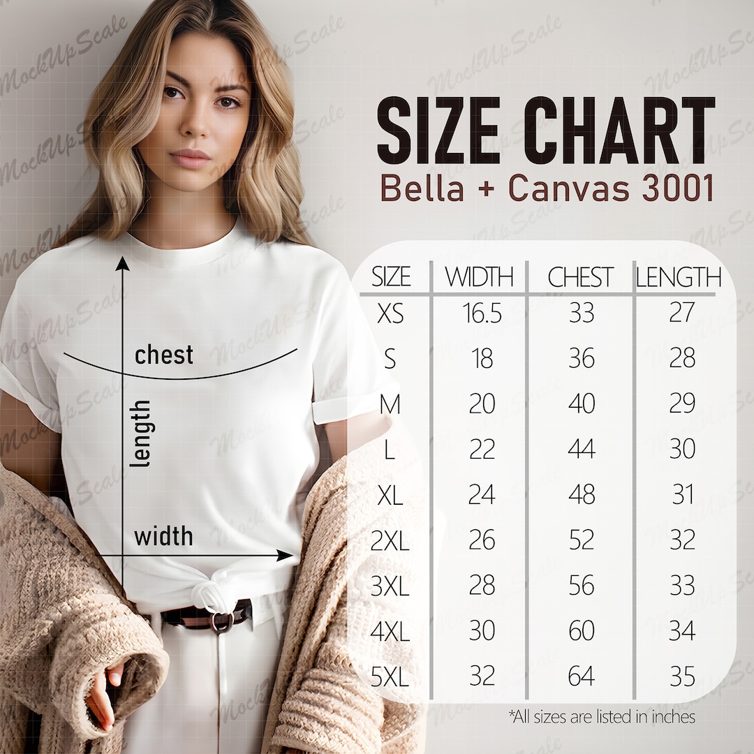 Bella Canvas 3001 S-5XL Size Chart for Woman BC3001 Size Chart Tshirt ...