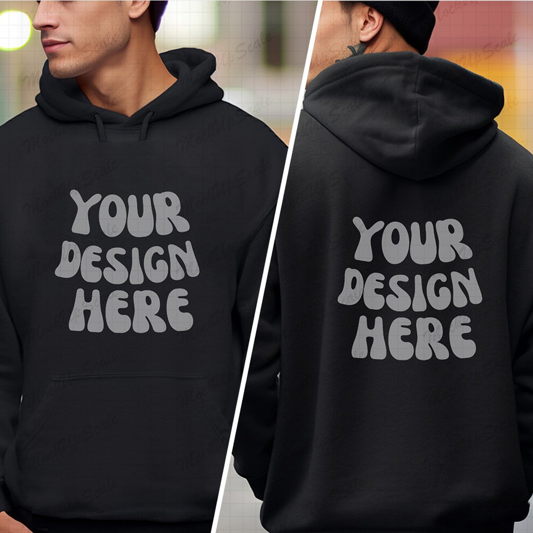 Male Black Hoodie Front and Back Mockups | Black Gildan 18500 Mockups ...