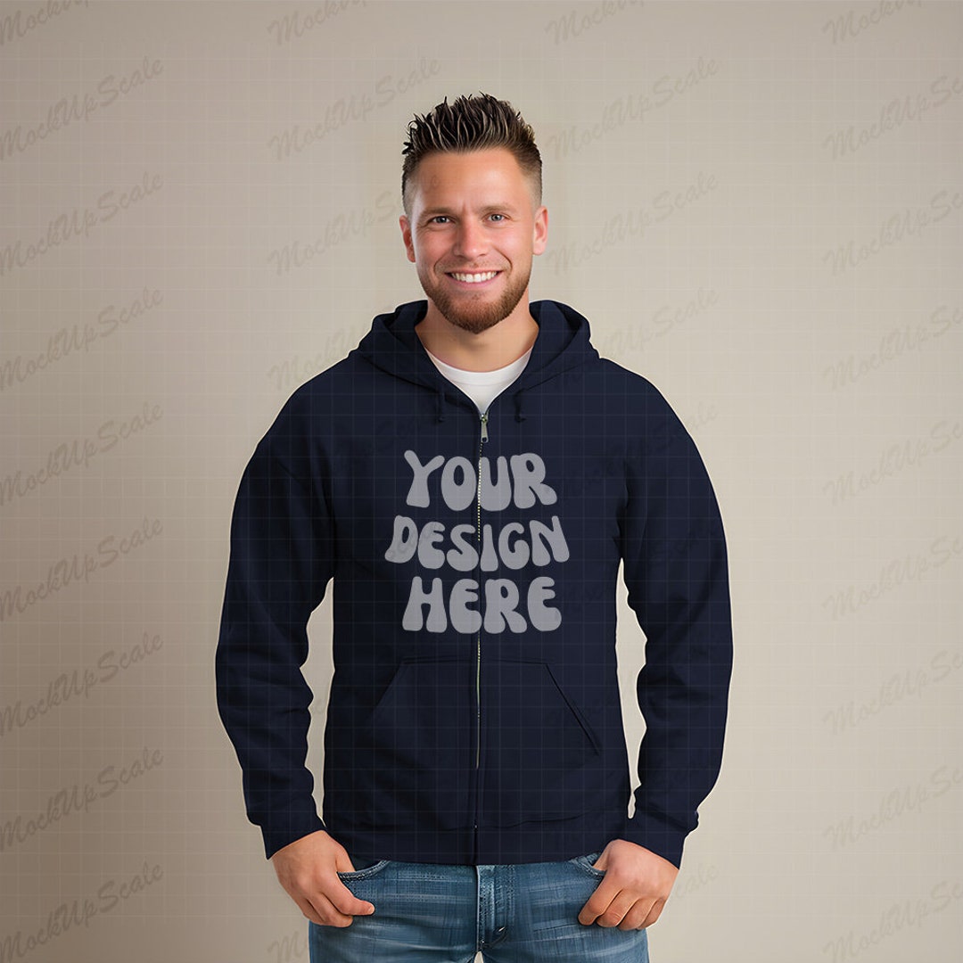 Gildan 18600 Mockup Navy | Zip Hoodie Mockup for Men | Navy Zip Hoodie ...