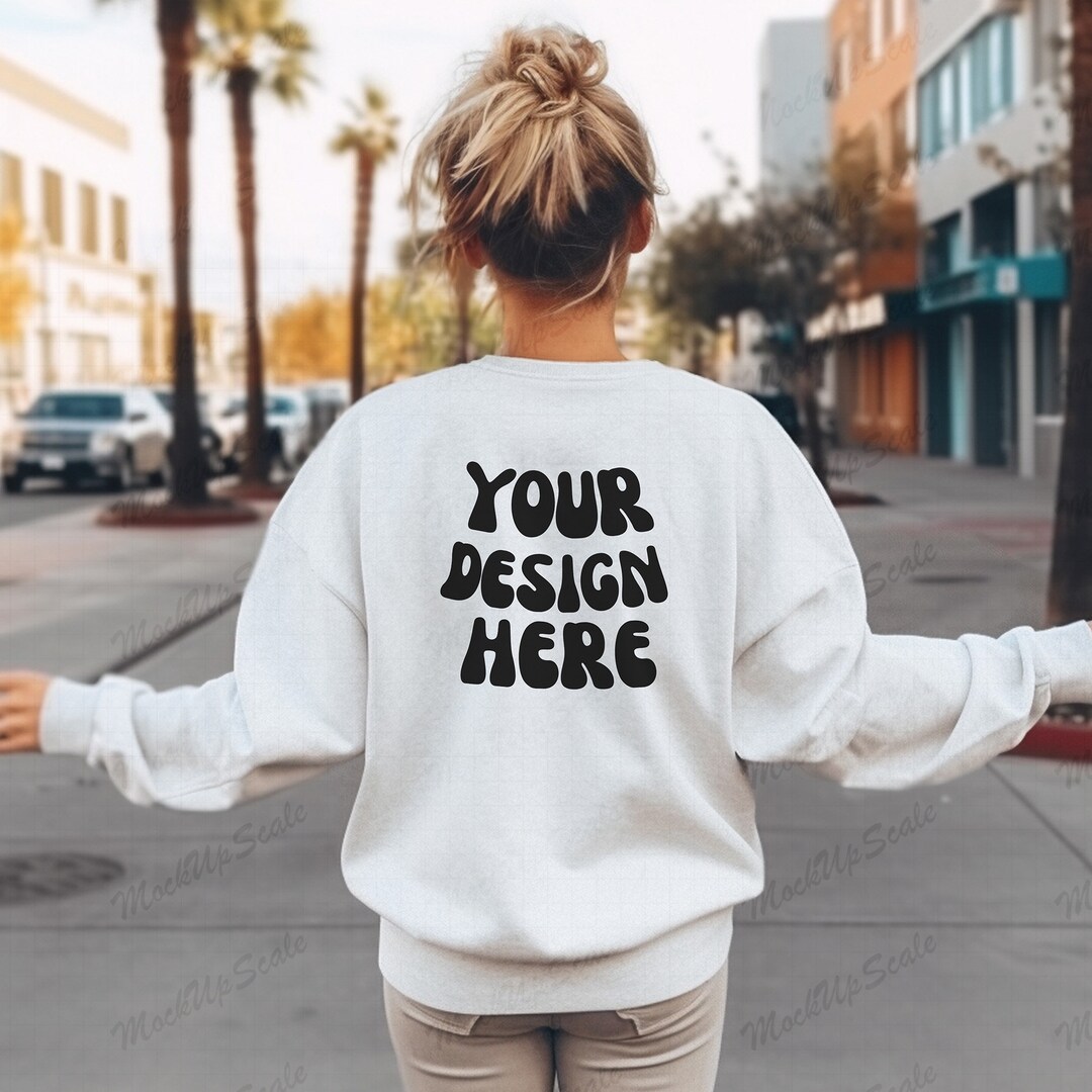 Female White Sweatshirt Back Mockup | White Gildan 18000 Back Mockups ...