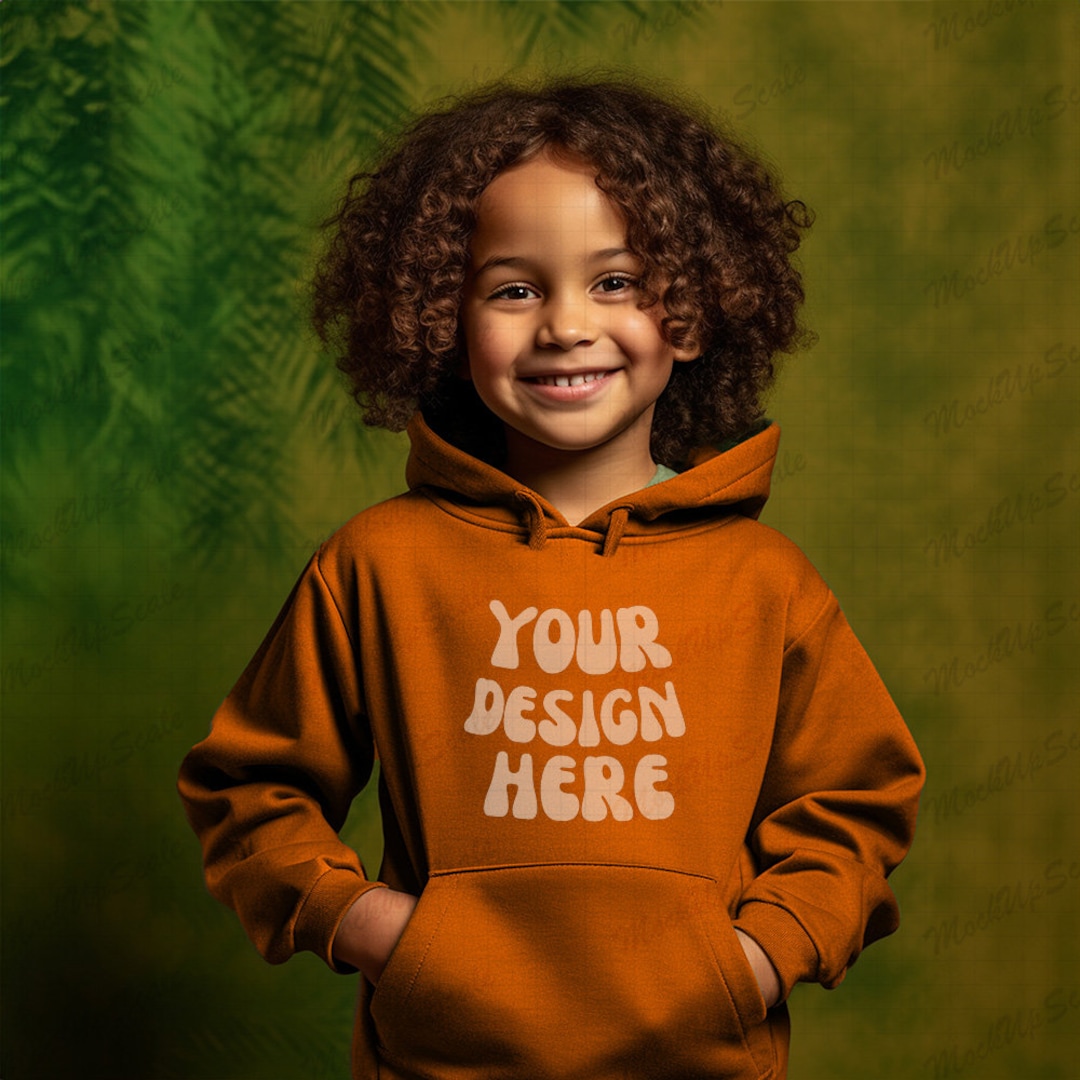 Africa American Kid Orange Hoodie Mockup Orange Gildan 18500B Mockups ...