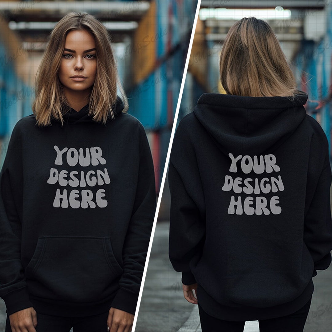 Female Black Hoodie Both Sides Mockups | Black Gildan 18500 Mockup ...
