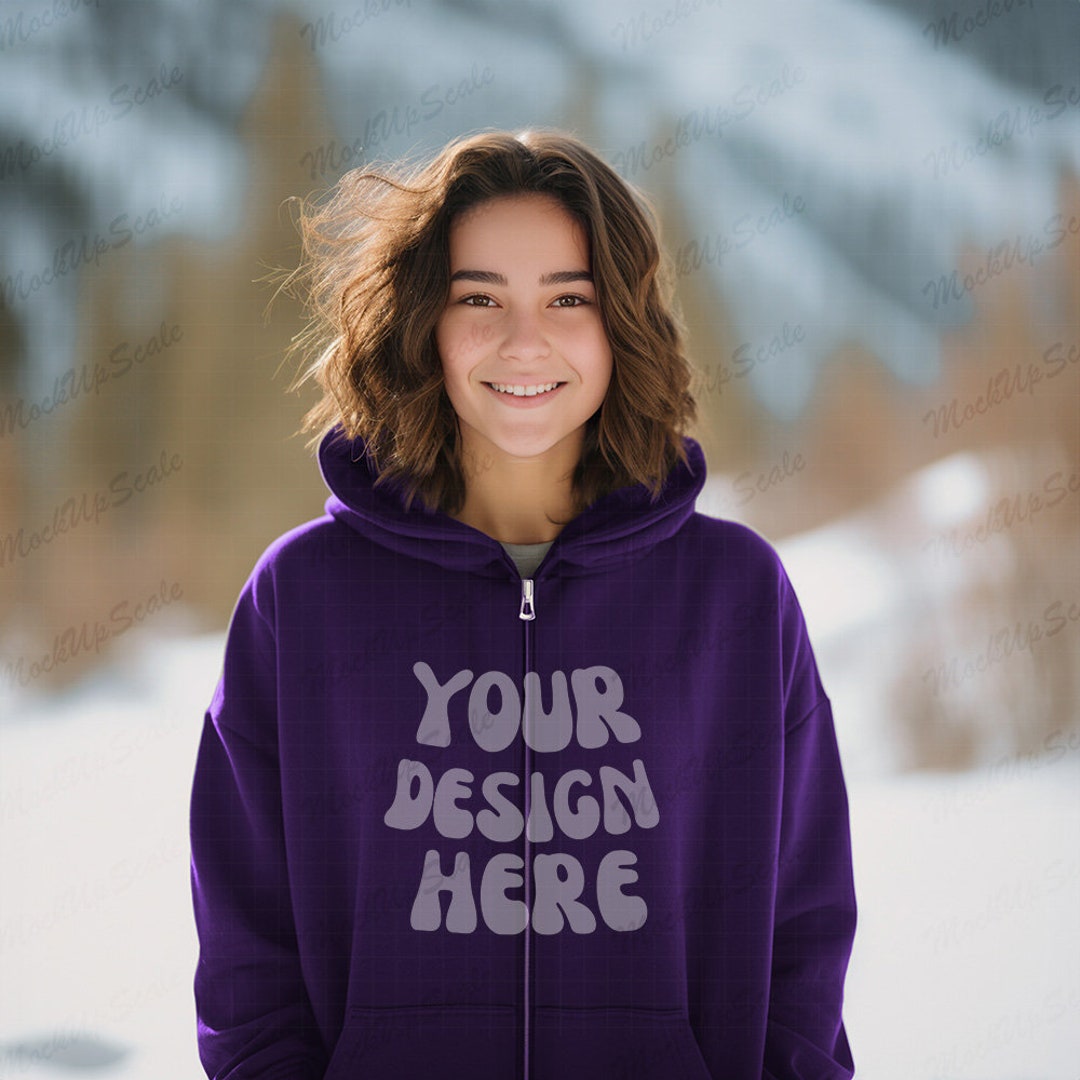 Female Purple Zip Hoodie Mockup | Purple Gildan 18600 Mockups | G186 ...