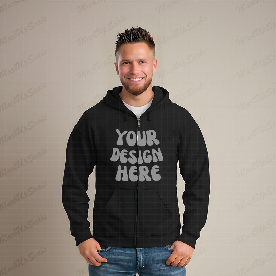 Male Black Zip Hoodie Mockup | Gildan 18600 Mockups | G186 Black Zip ...