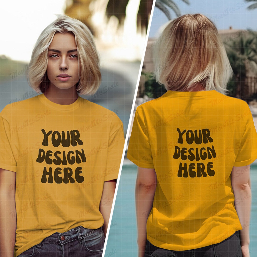 Female Maize Yellow Front and Back Tshirt Square Mockup | Maize Yellow ...