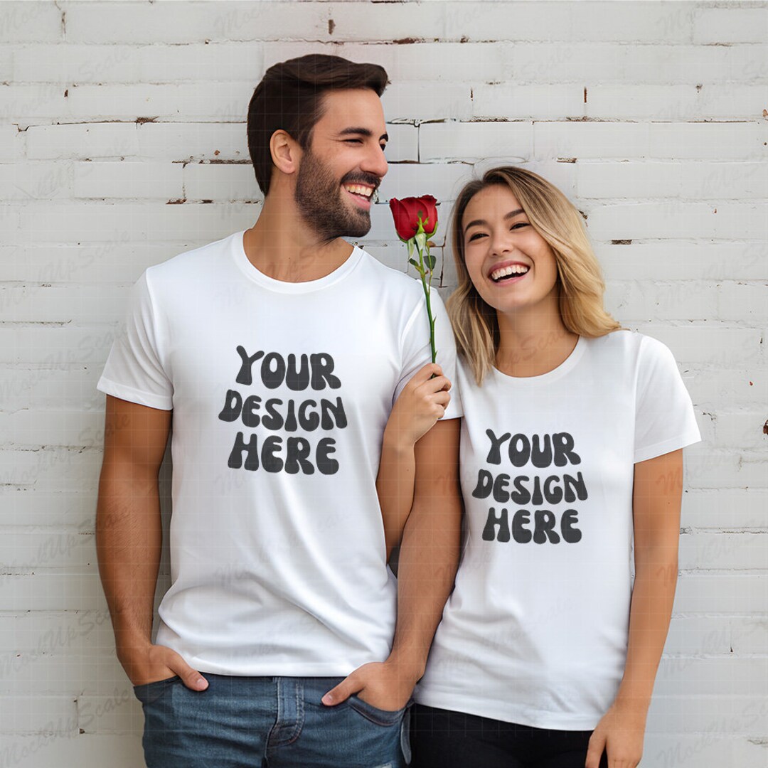 Interracial Couple White Tshirt Mockup | White Balla Canvas 3001 Mockup ...