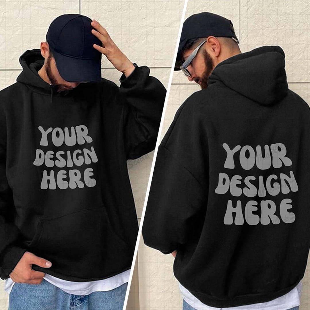Male Black Hoodie Front and Back Mockups | Both Side Black Gildan 18500 ...