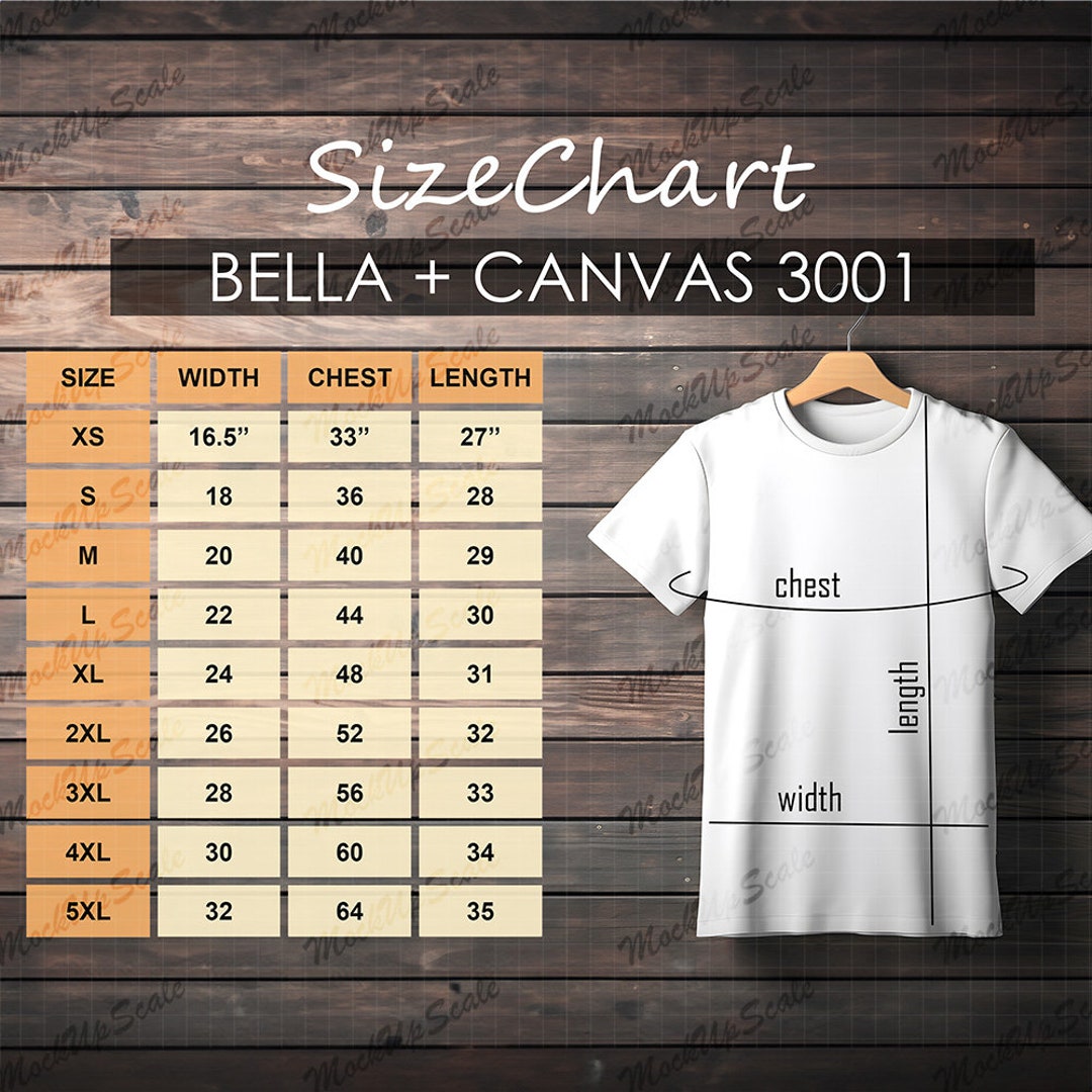 Bella Canvas 3001 Size Chart | Unisex Tee Mockup Size Chart | Sizes for ...
