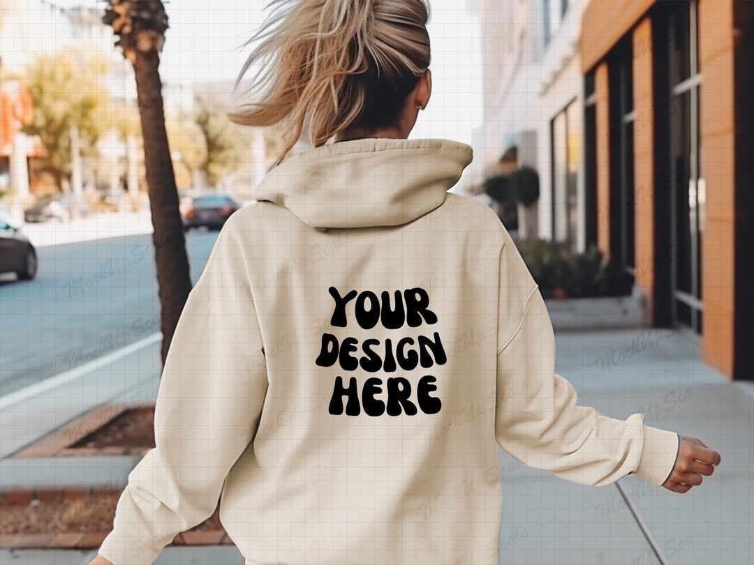 Female Sand Hoodie Back Mockup | Sand Gildan 18500 18600 Back Mockups ...