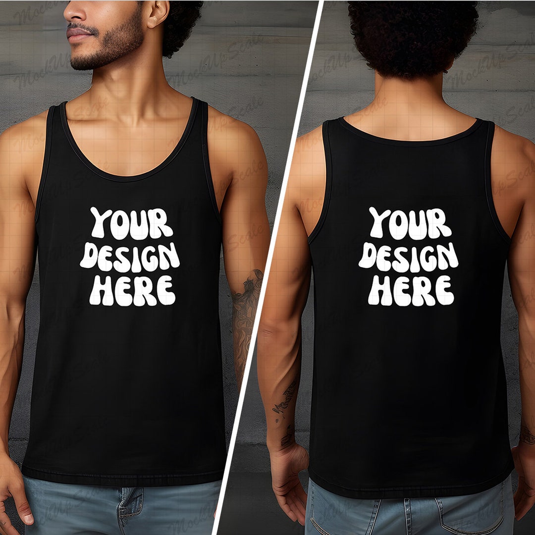 Male Black Tank Top Front and Back Mockup Black Bella Canvas 3480 ...