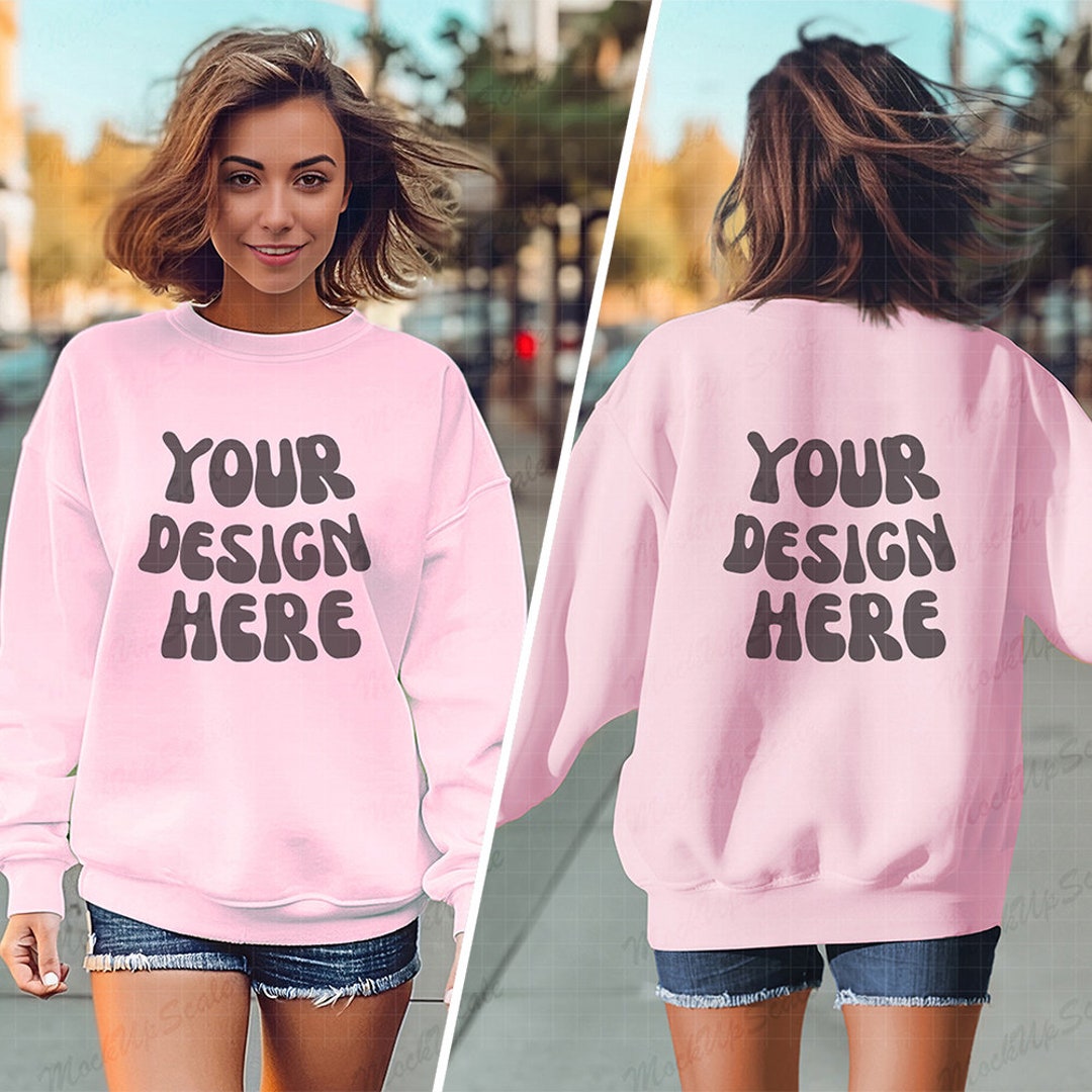 Female Light Pink Sweatshirt Front and Back Mockup | Light Pink Gildan ...