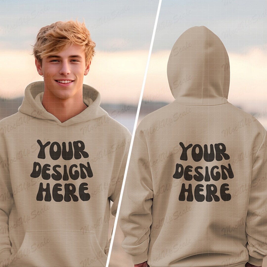 Male Sand Hoodie Front and Back Mockup | Both Sides Sand Gildan 18500 ...