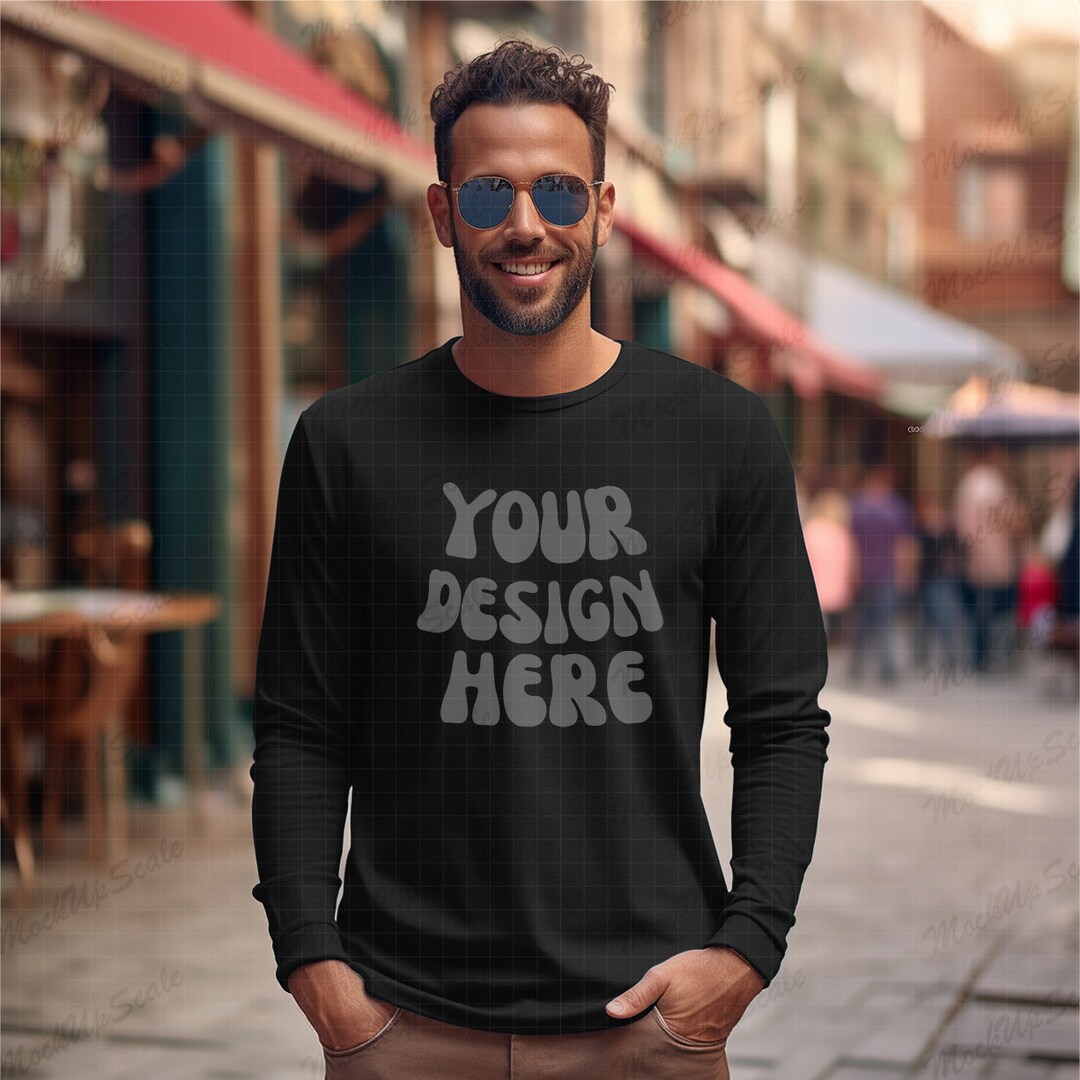 Male Black Long Sleeve Mockup | Black Gildan 2400 Mockups | Bella ...