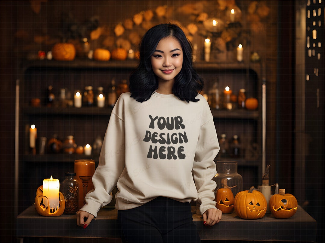 Asian Female Sand Sweatshirt Mockup | Sand Gildan 18000 Mockups ...