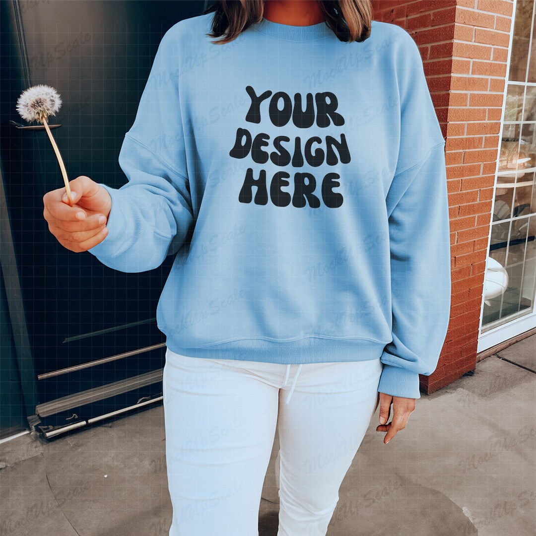 Female Light Blue Sweatshirt Mockup | Light Blue Gildan 18000 Mockups ...
