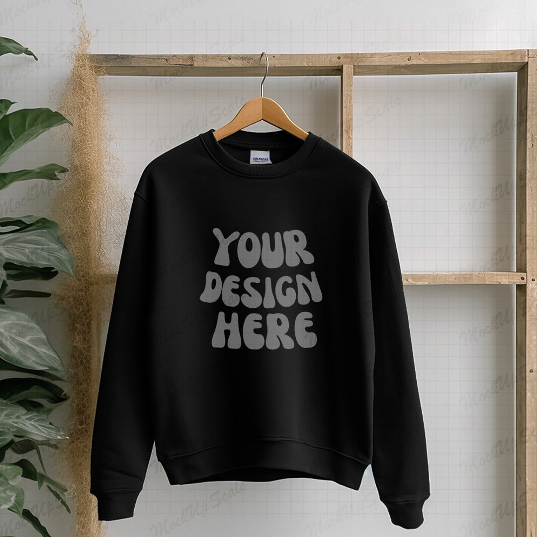 Black Sweatshirt on Hanger Mockup | Black Gildan 18000 Mockups | G180 ...