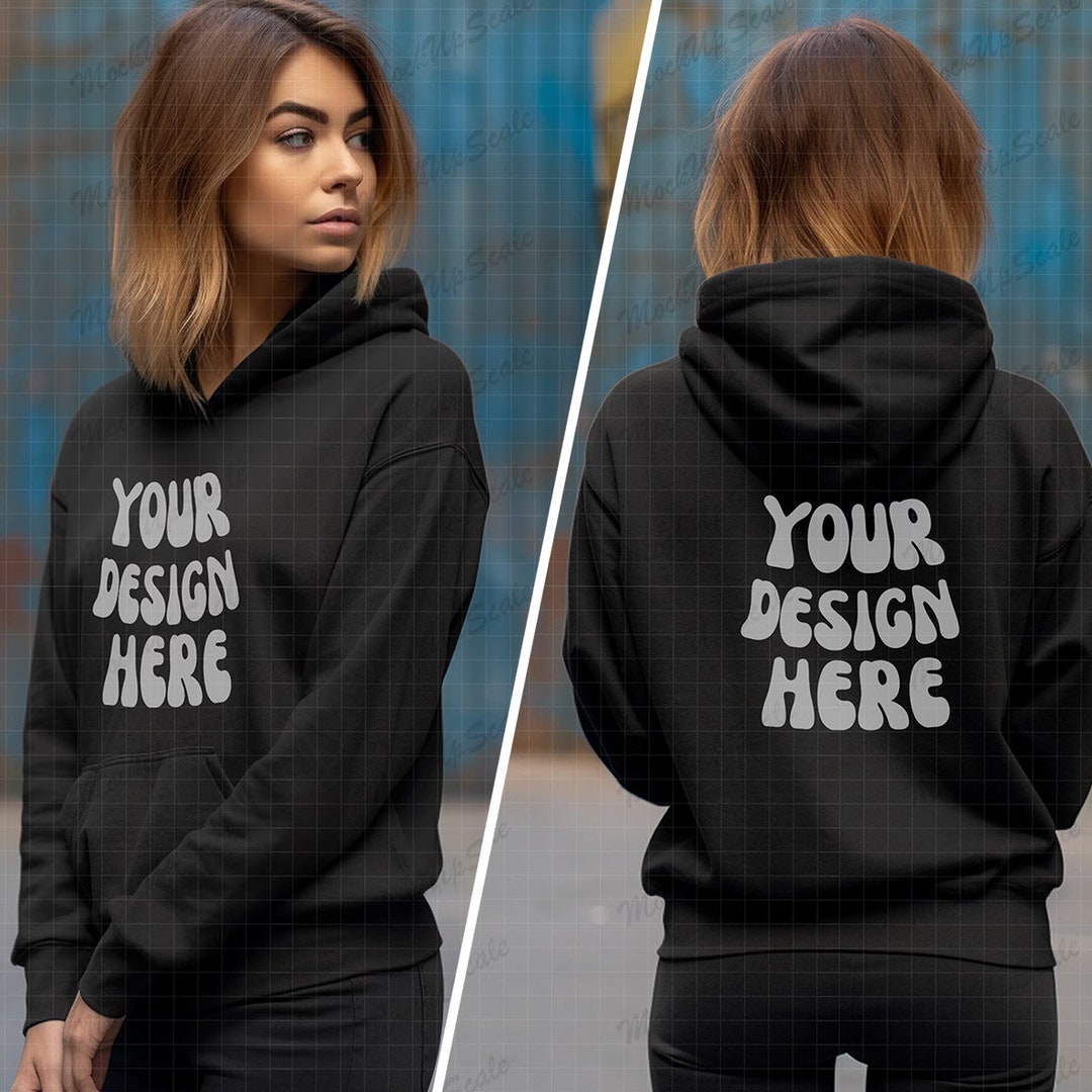 Female Black Hoodie Side Front and Back Square Mockup S | Black Gildan ...