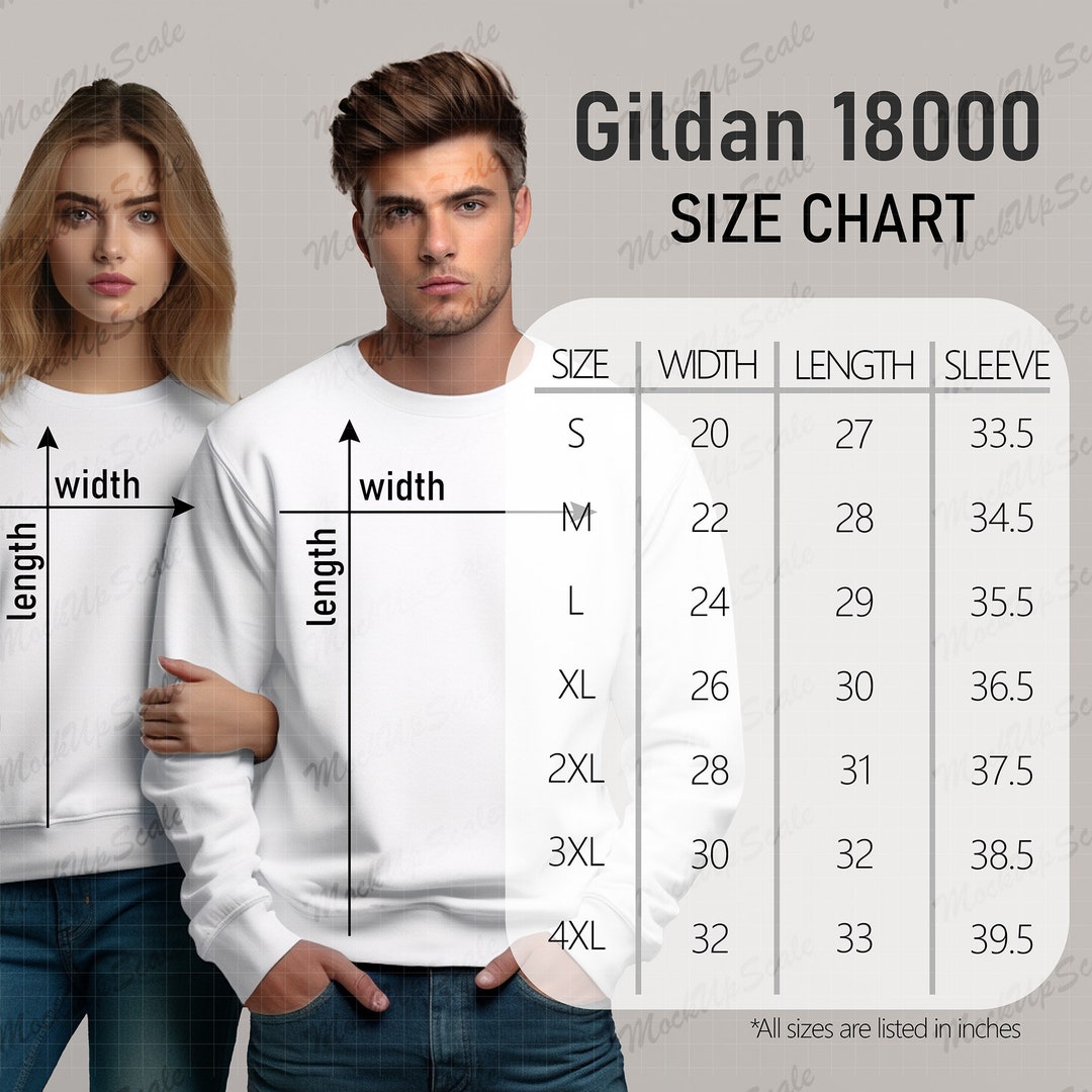 Gildan 18000 Sweatshirt S-4XL Size Chart for Couple | Gildan 18000 ...