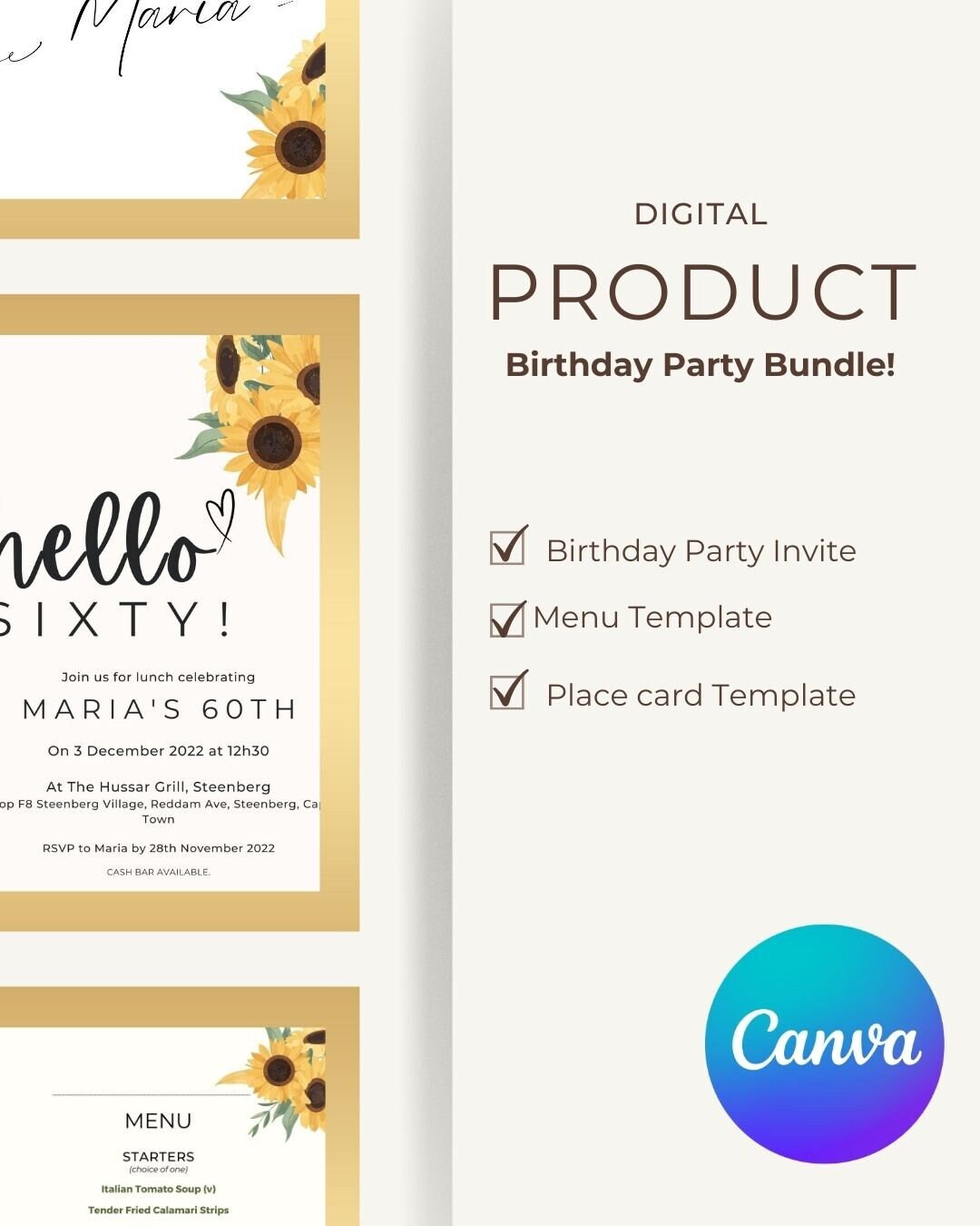 Editable Sunflower Themed Birthday Digital Party Bundle Including Party ...