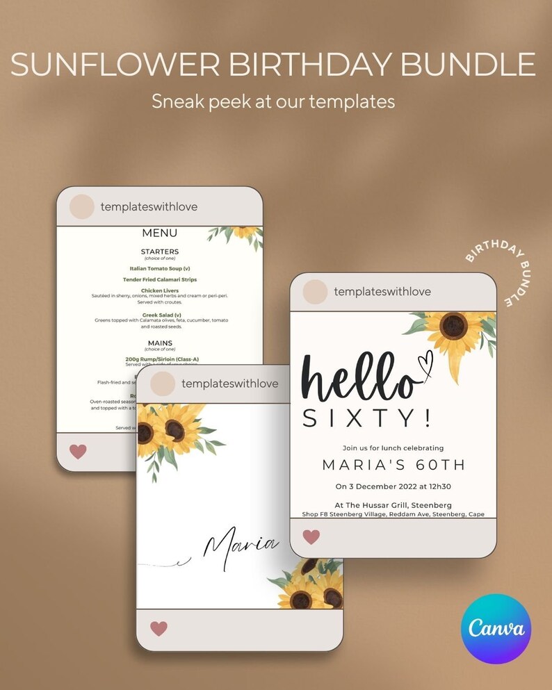 Editable Sunflower Themed Birthday Digital Party Bundle Including Party ...