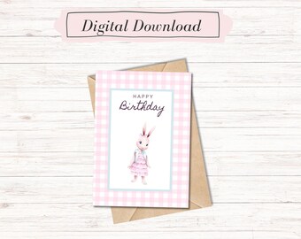 Printable Cute Bunny Birthday Card, Instant Download, PNG, PDF Print ...
