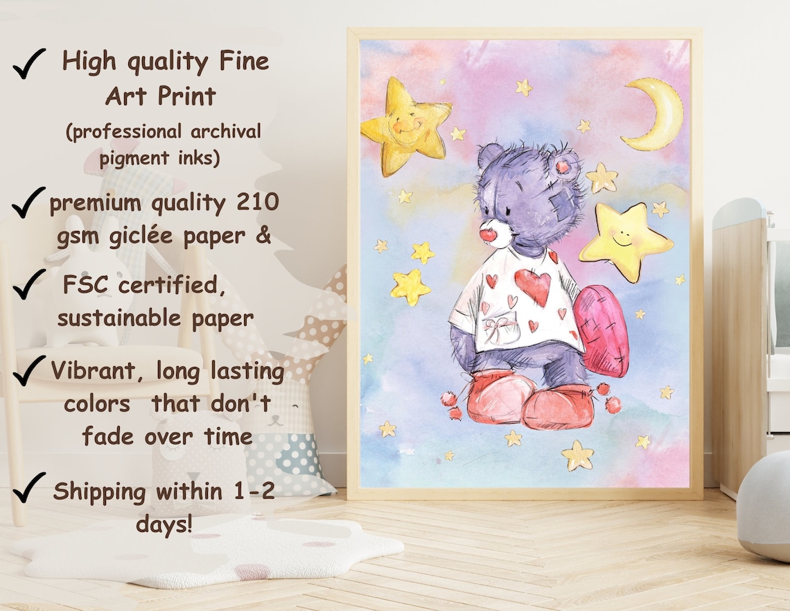 Magical Teddy Bear Nursery, 3 Piece Wall Art Set, Whimsical Bear ...