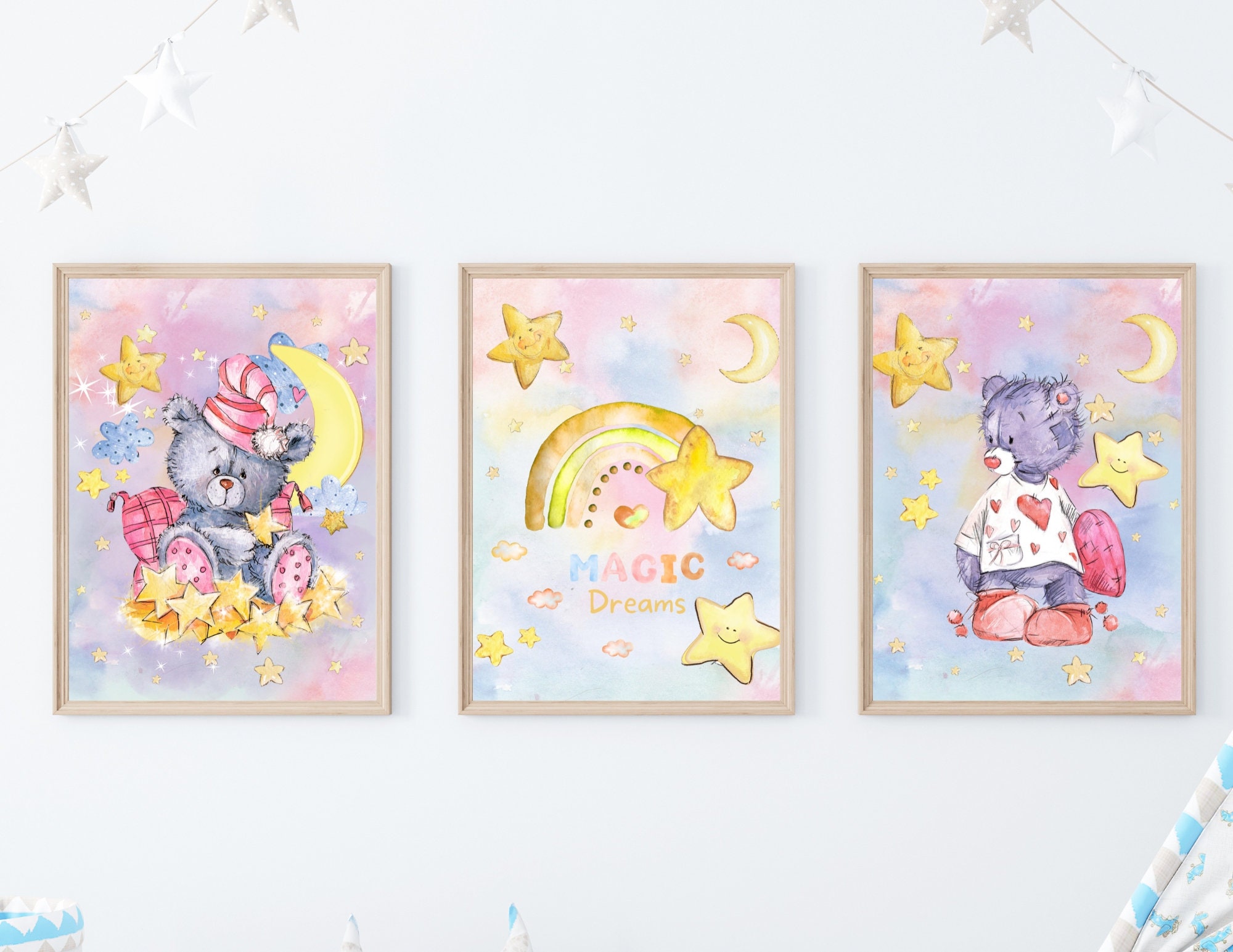 Magical Teddy Bear Nursery, 3 Piece Wall Art Set, Whimsical Bear ...