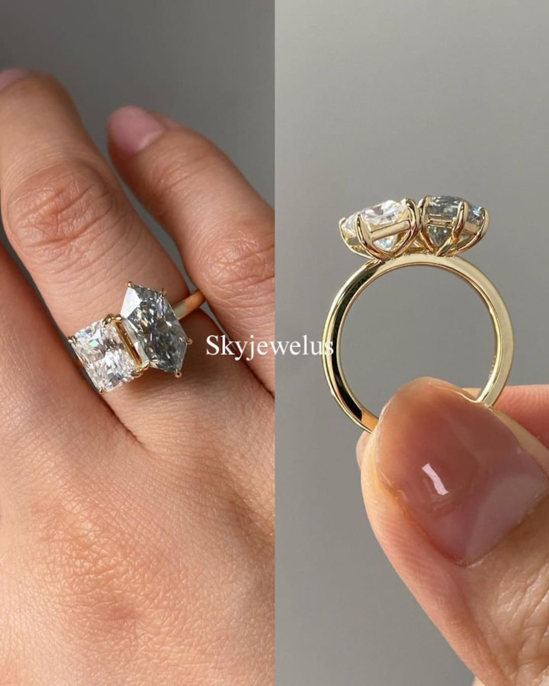 Double Stone Engagement Ring Two Stone Diamond Ring Radiant - Etsy