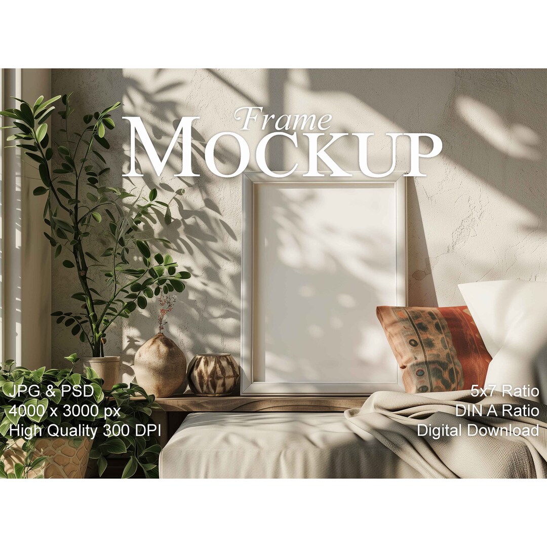 DIN A Frame Mockup, 5x7 Ratio Mockup, Stylish Boho Interior, Empty ...