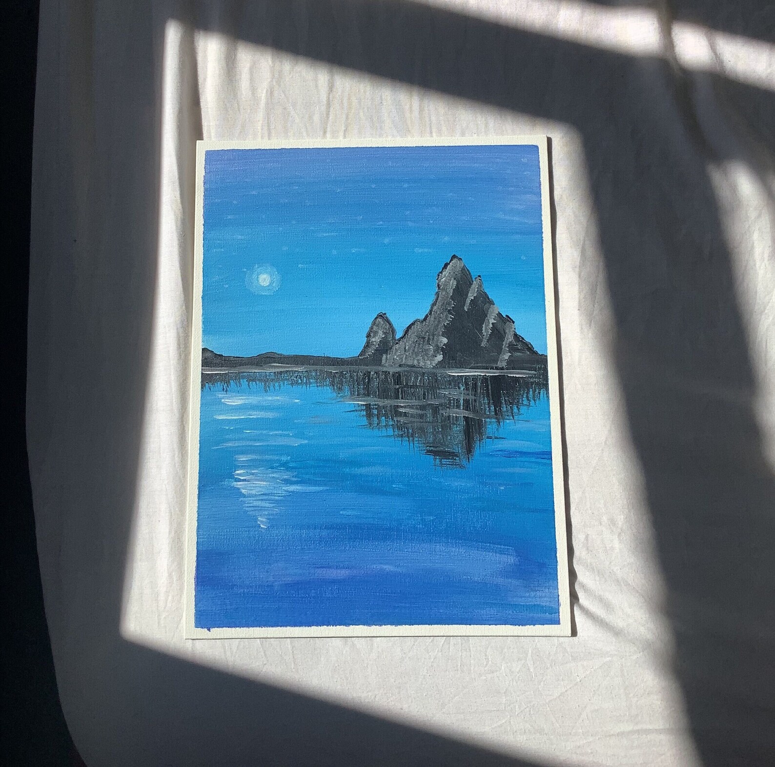Midnight Blue Ocean Mountain Scenery Acrylic Painting - Etsy
