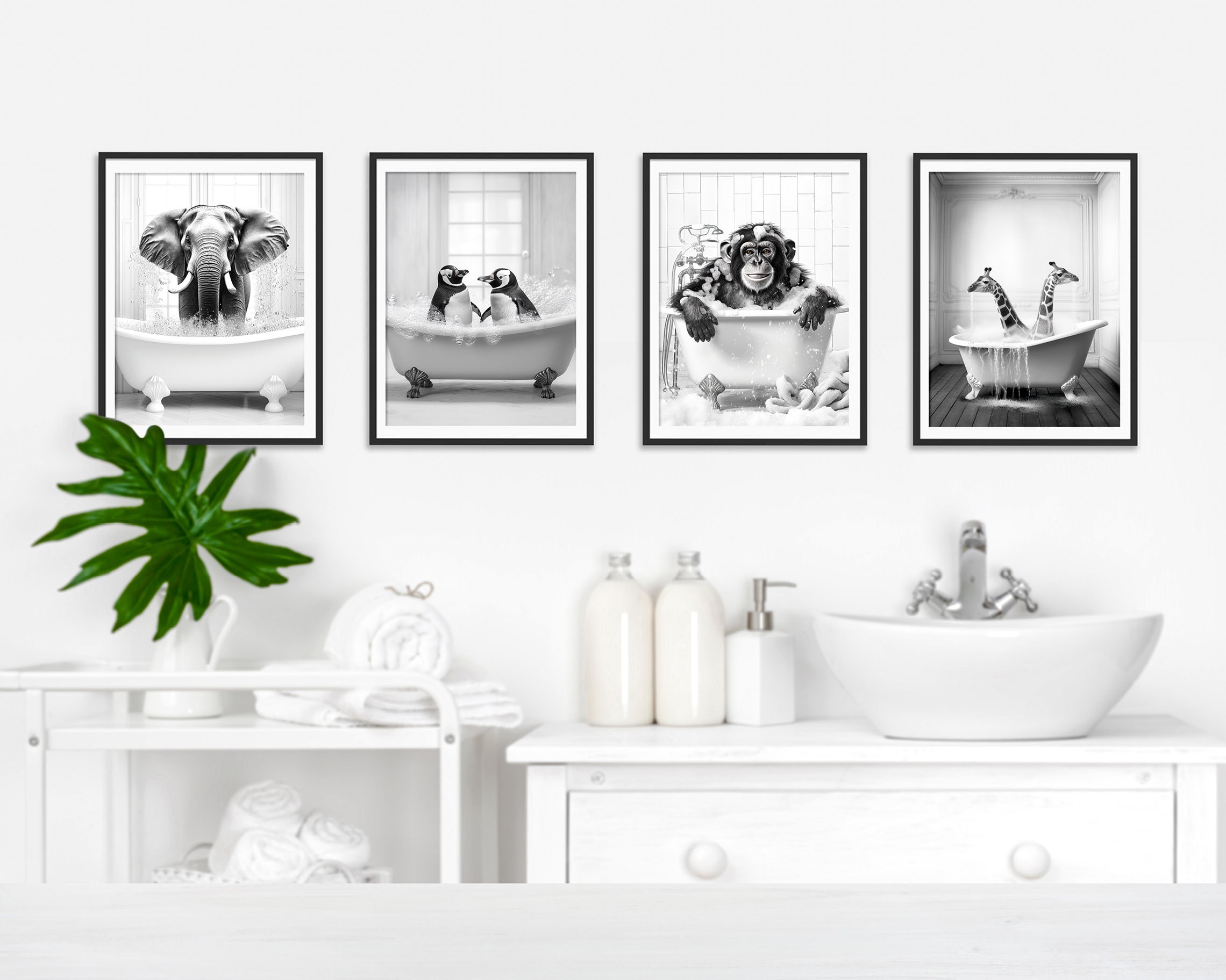 Set of Four Animals in Bath Artwork, Digital Downloadable Prints ...