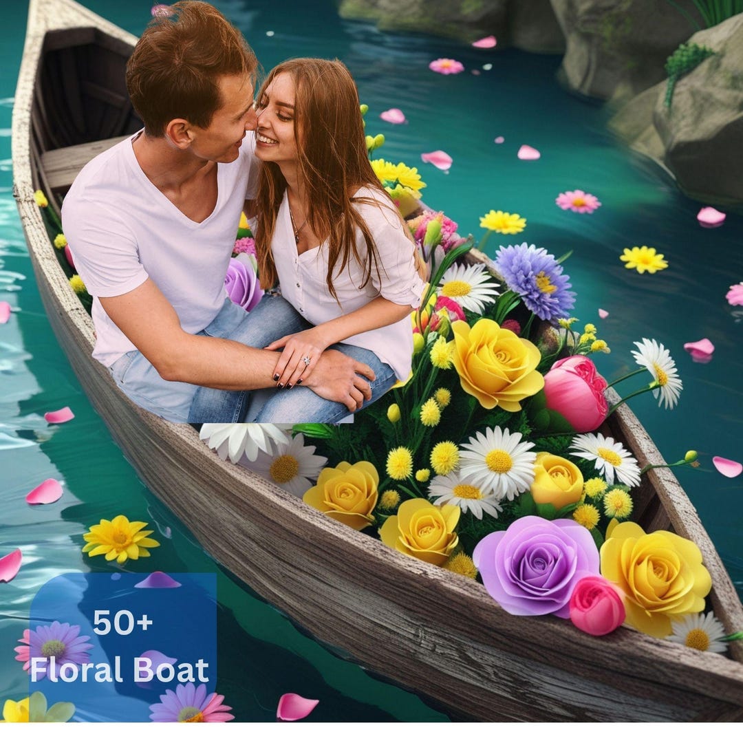 Floral Boat Digital Backdrop: Dreamy Ocean Scene PNG Overlays ...