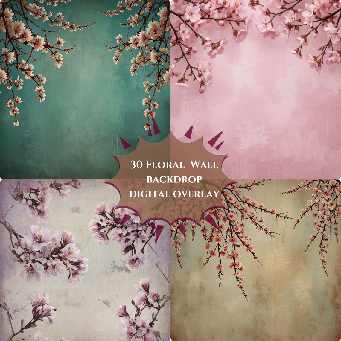 Floral Wall Backdrops Digital Overlay Bundle: Blossom Photography ...