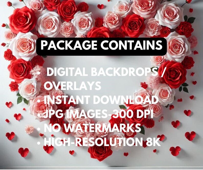 Red Roses Floral Heart Frame Backdrops: Valentine's Day Digital Overlay ...