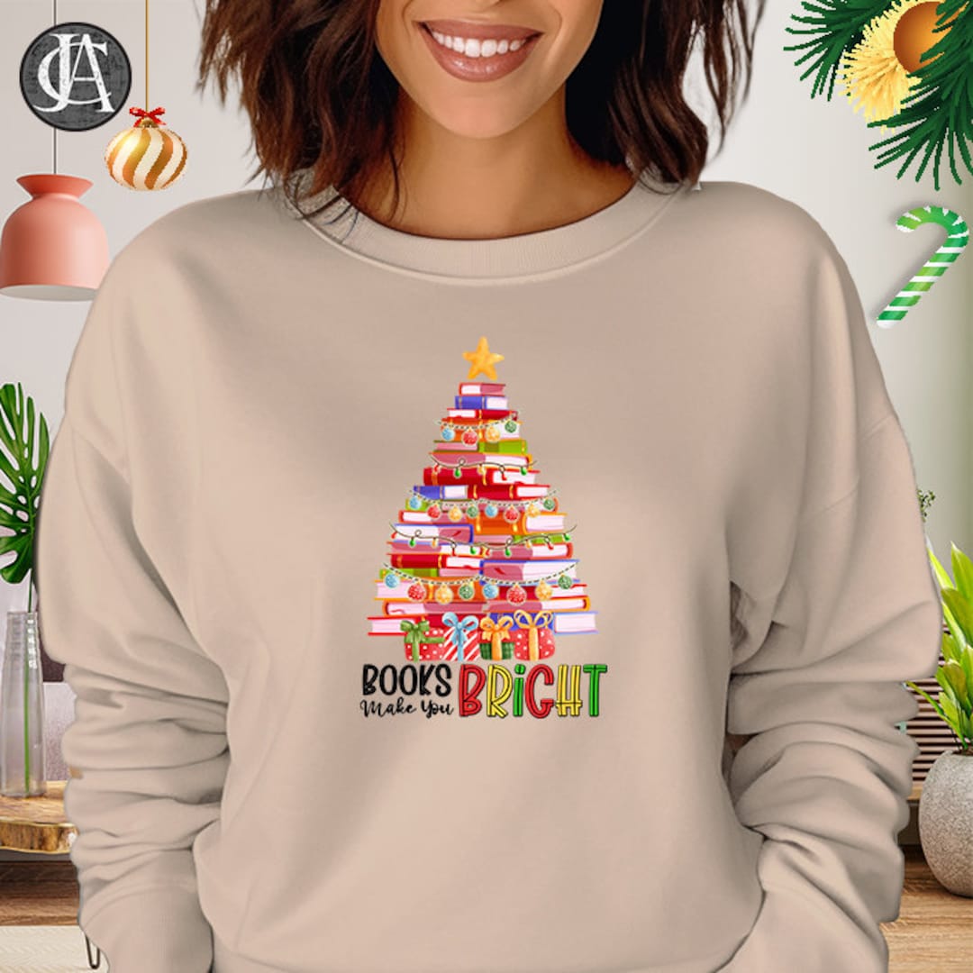 Christmas Books Tree Sweatshirt, Merry Bookmas Books Librarian ...