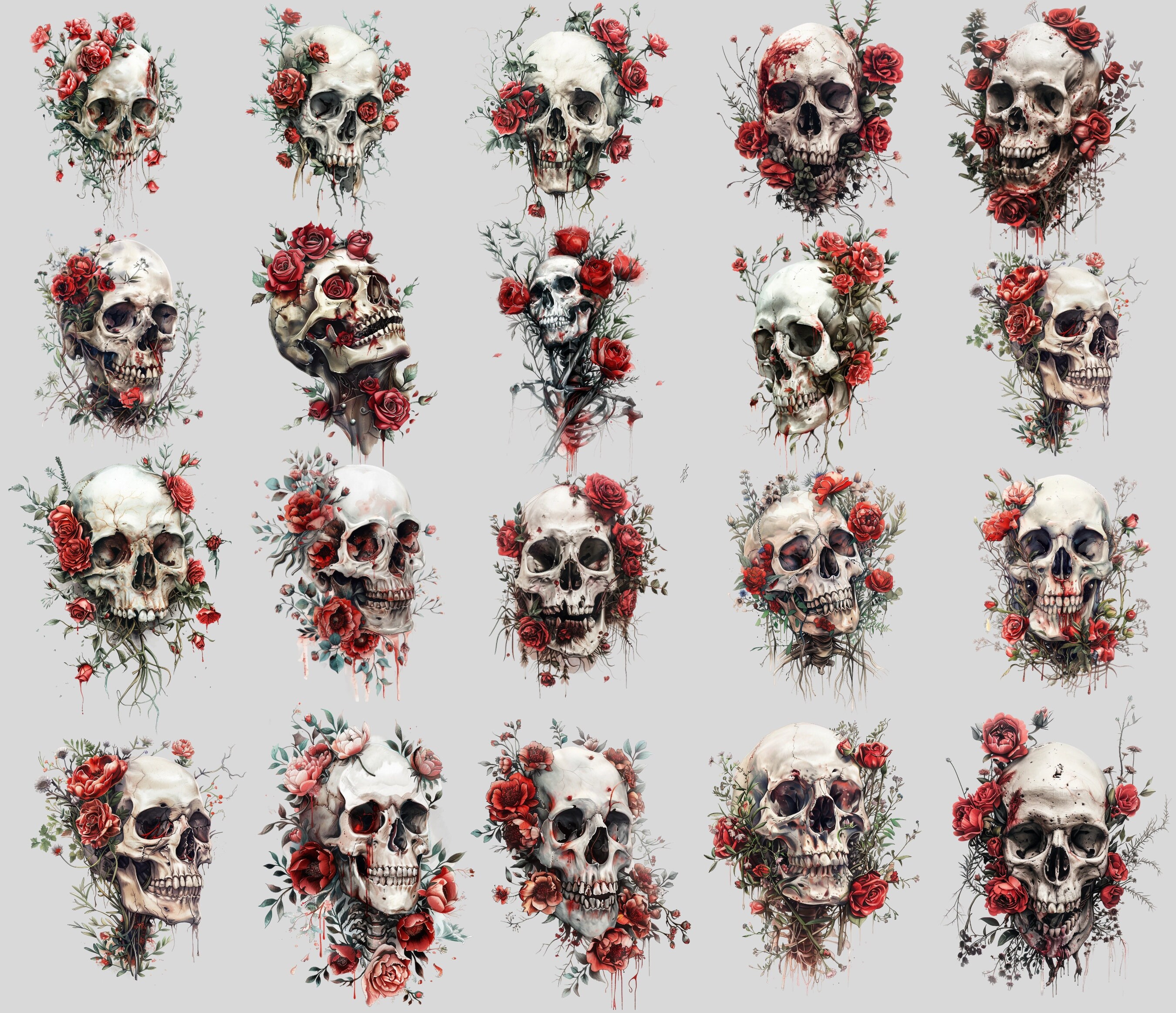 25 Macabre Skull Rose Clipart Bundle, Transparent Background, 300 DPI ...