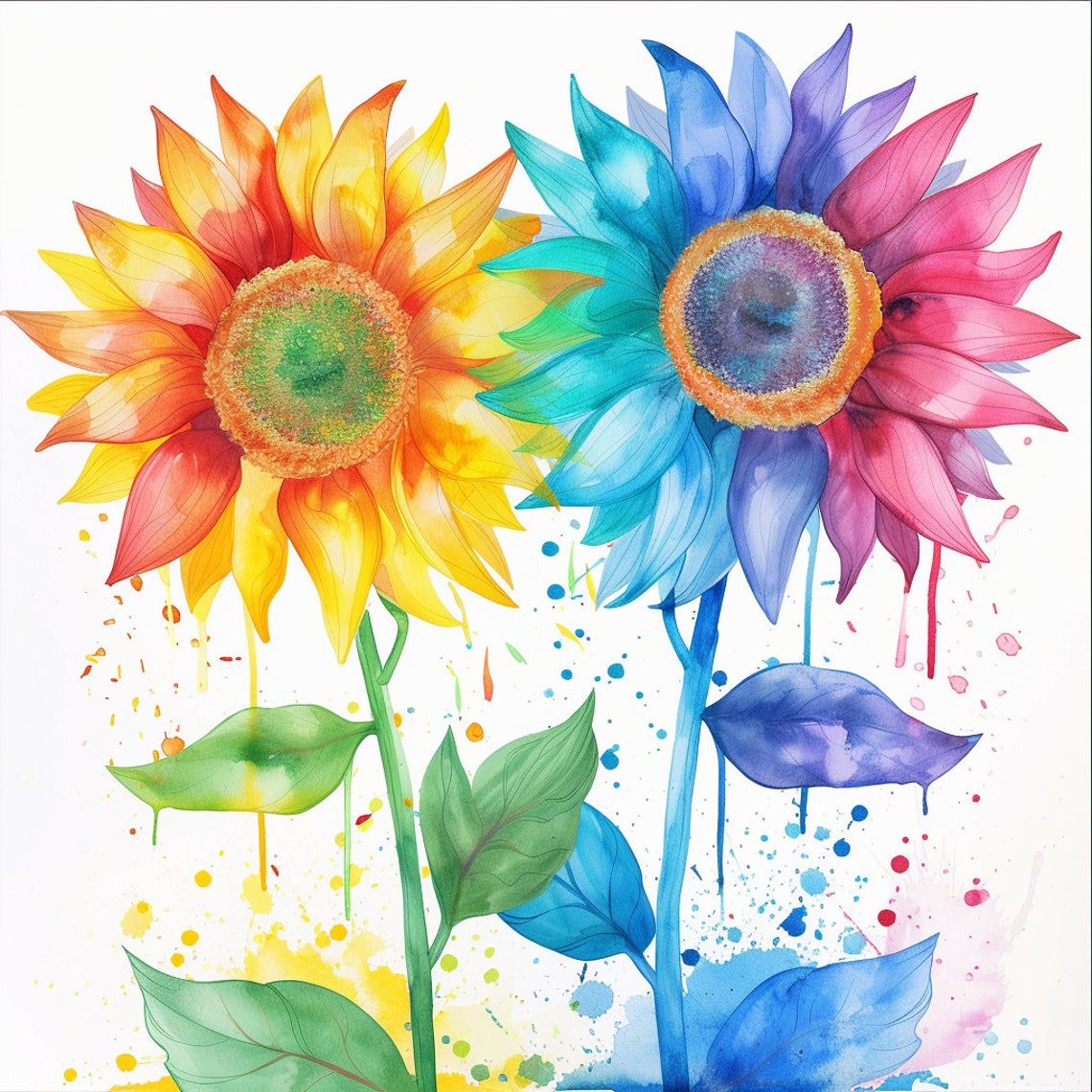 Watercolor Rainbow Sunflower Bundle, 8 PNG and SVG Files, High ...