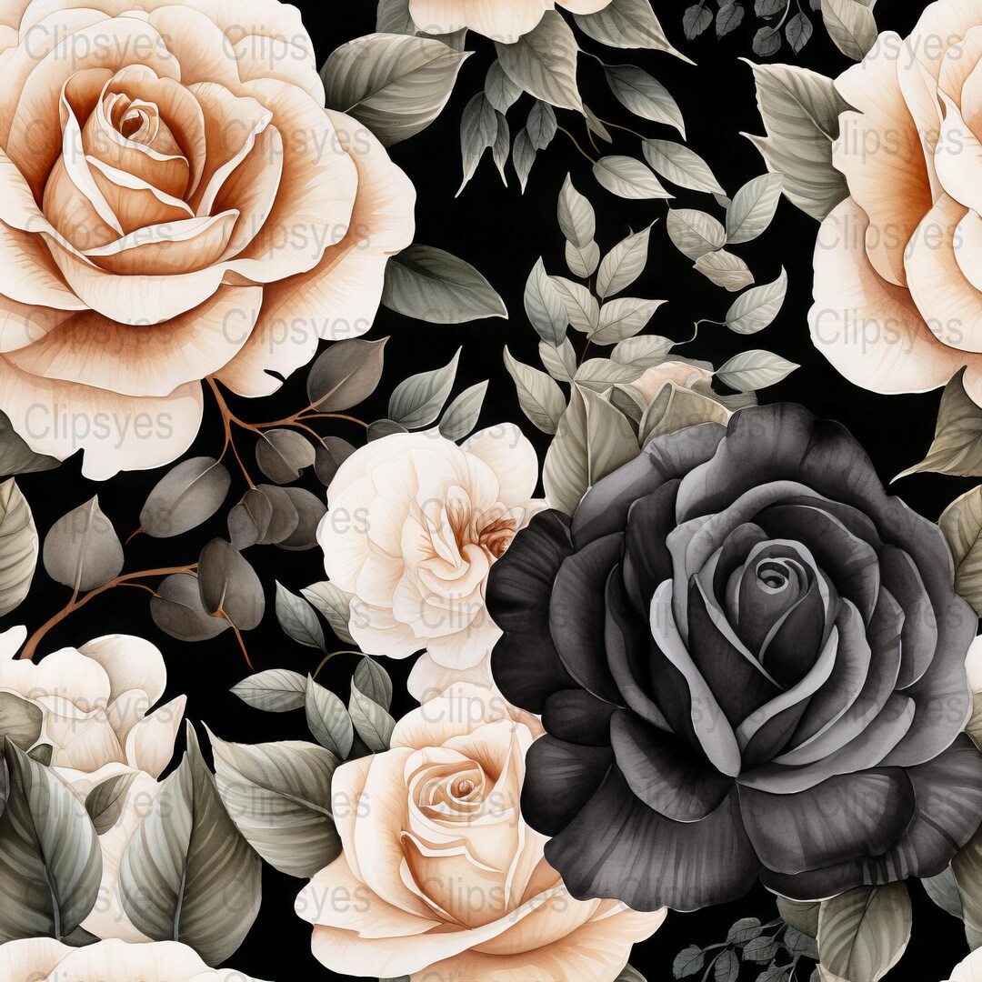 White Black Rose Vintage Seamless Floral Pattern, Digital Papers - Etsy