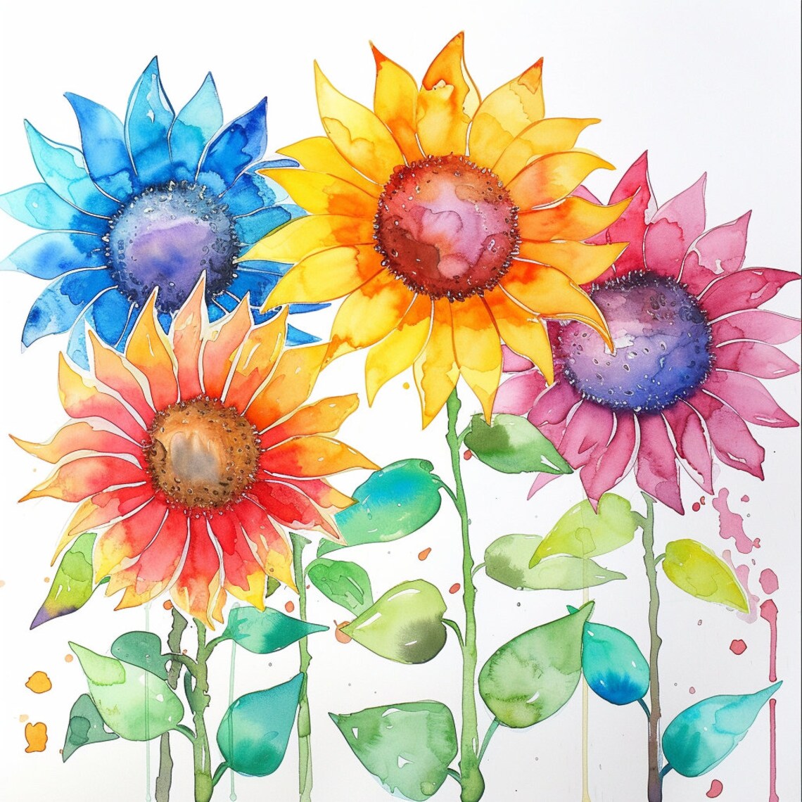 Watercolor Rainbow Sunflower Bundle, 8 PNG and SVG Files, High ...
